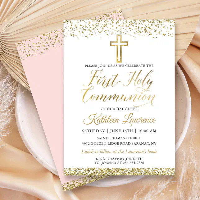 Gold Glitter Cross Script First Holy Communion Invitation | Zazzle