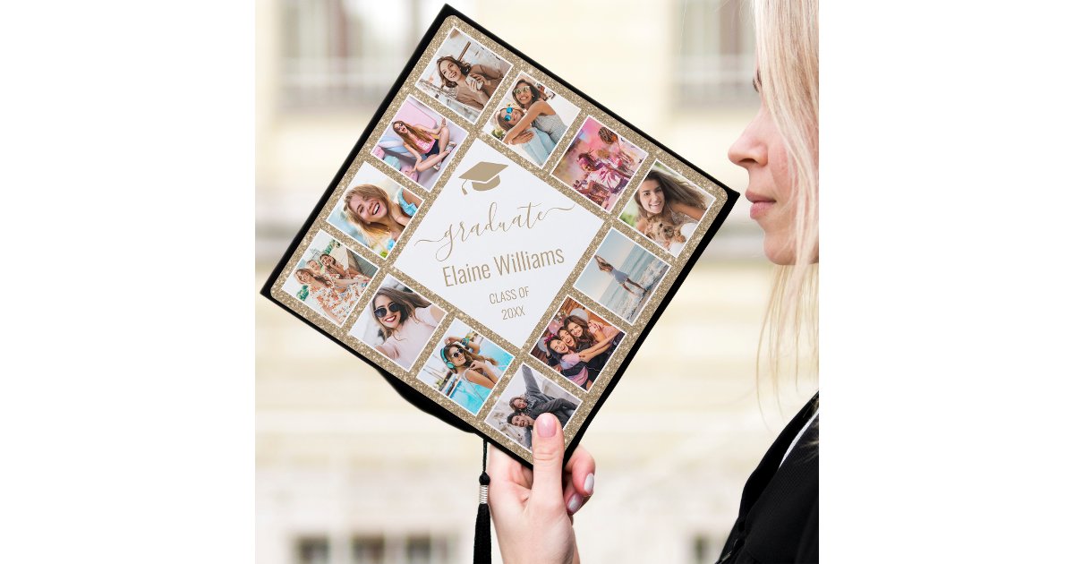 Gold Glitter Custom Elegant Modern Script Graduation Cap Topper | Zazzle