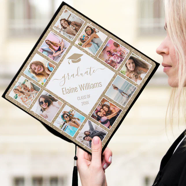 Gold Glitter Custom Elegant Modern Script Graduation Cap Topper | Zazzle