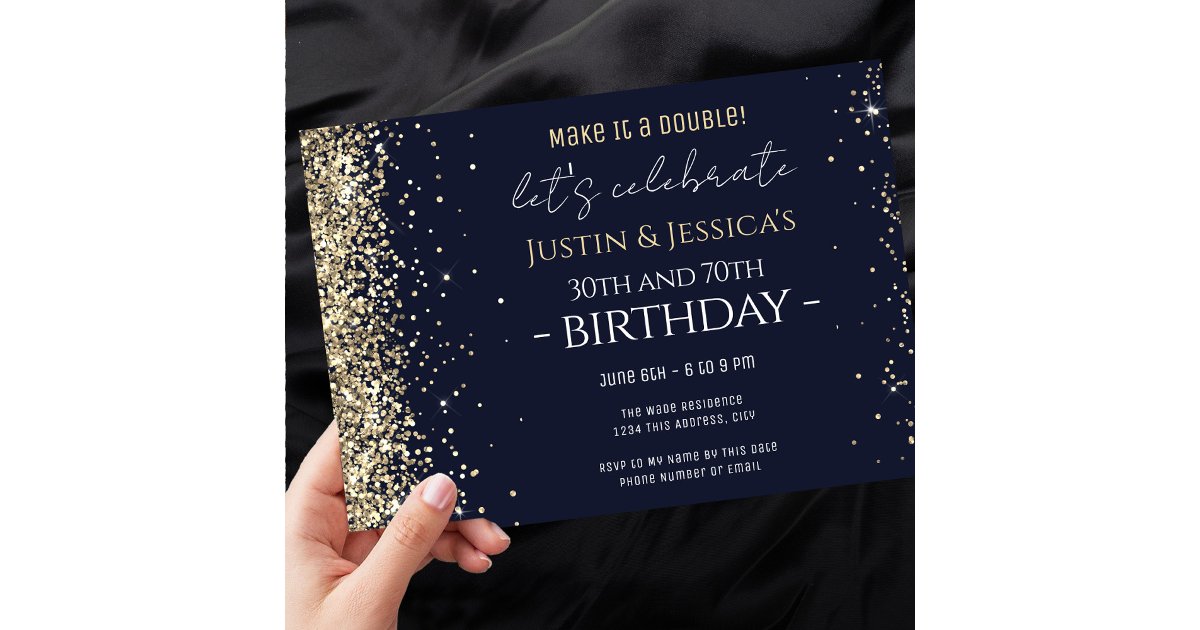 Gold Glitter Dark Blue Double Birthday Party Invitation | Zazzle