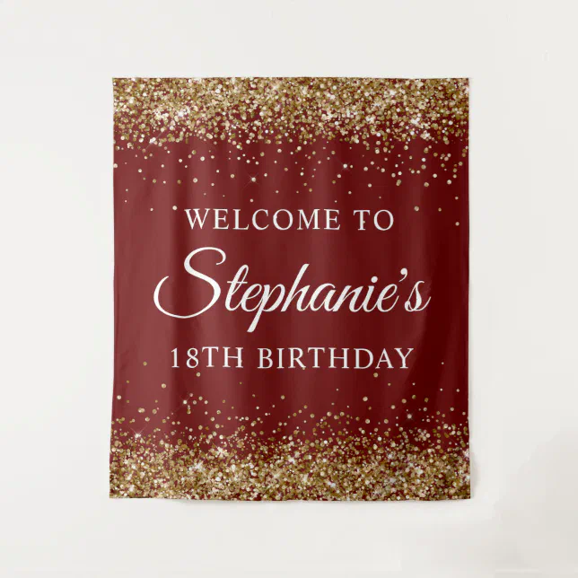 Gold Glitter Dark Red 18th Birthday Party Welcome Tapestry | Zazzle