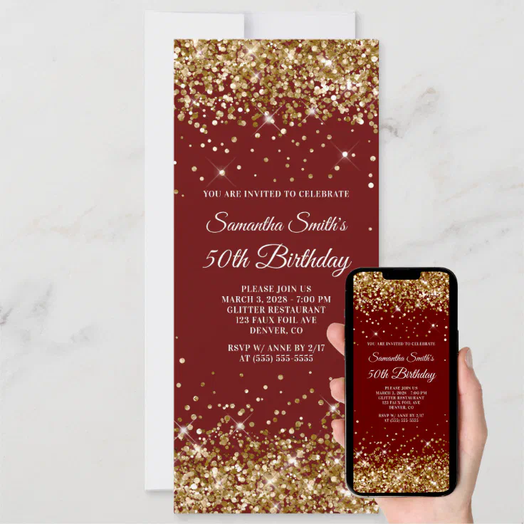 Gold Glitter Dark Red 50th Birthday Invitation | Zazzle
