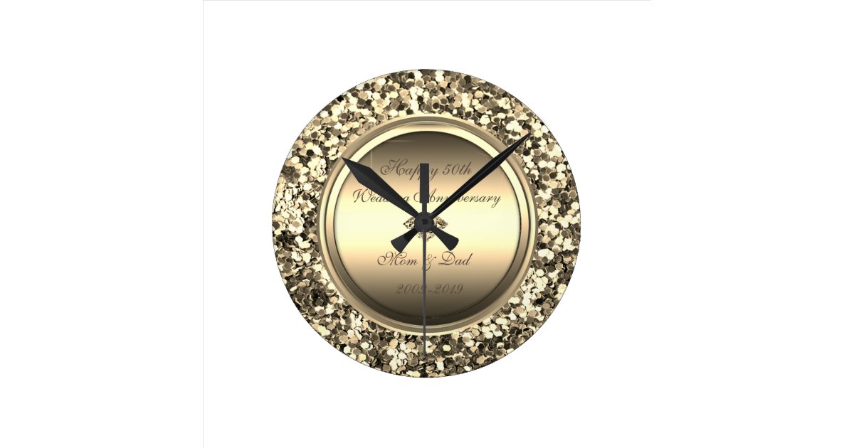 Gold Glitter Diamond 50th Wedding Anniversary Round Clock | Zazzle