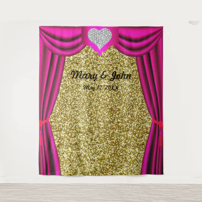 Gold Glitter Diamond Heart Pink Curtain Backdrop | Zazzle