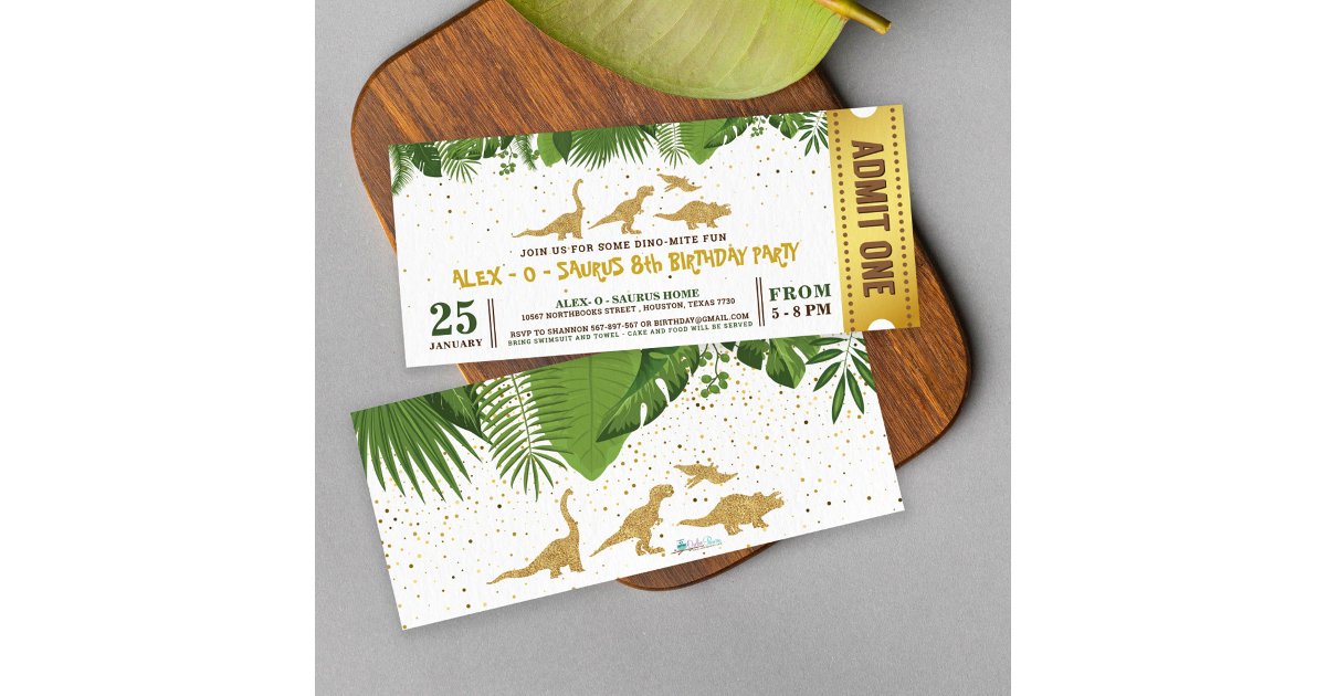 Gold Glitter Dinosaur Forest Ticket Pass Invitation | Zazzle