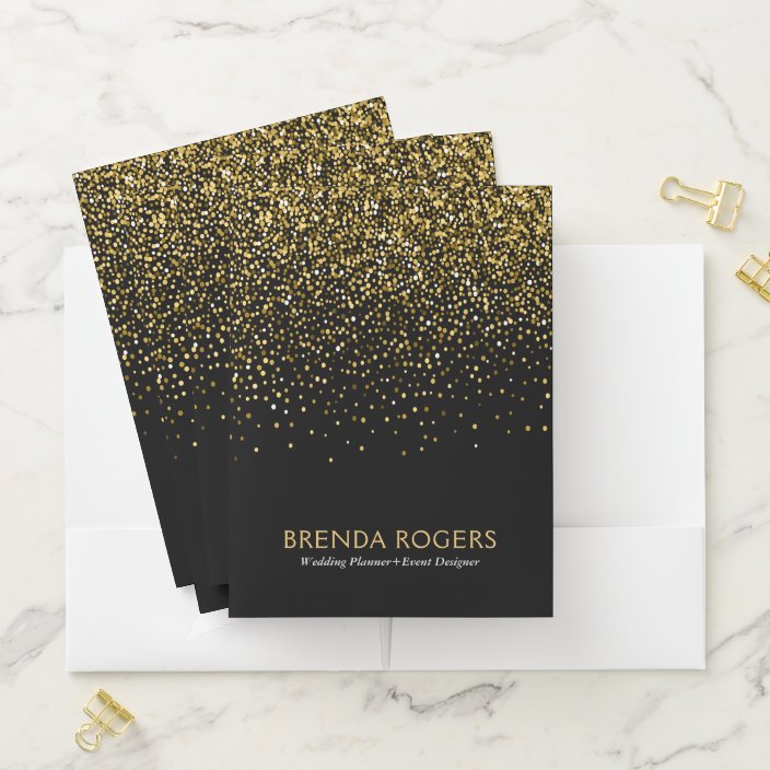 Gold glitter dots on custom black pocket folder | Zazzle.com