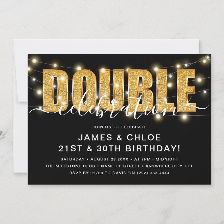 Gold Glitter 'DOUBLE' Celebration Birthday Party Invitation | Zazzle