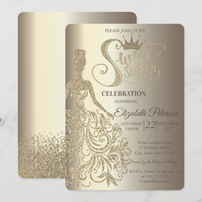 Gold Glitter Dress,Tiara,Diamonds Champagne Invitation | Zazzle.com