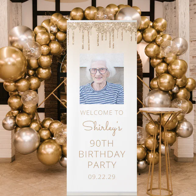 Gold Glitter Drip Custom Photo 90th Birthday Party Retractable Banner ...