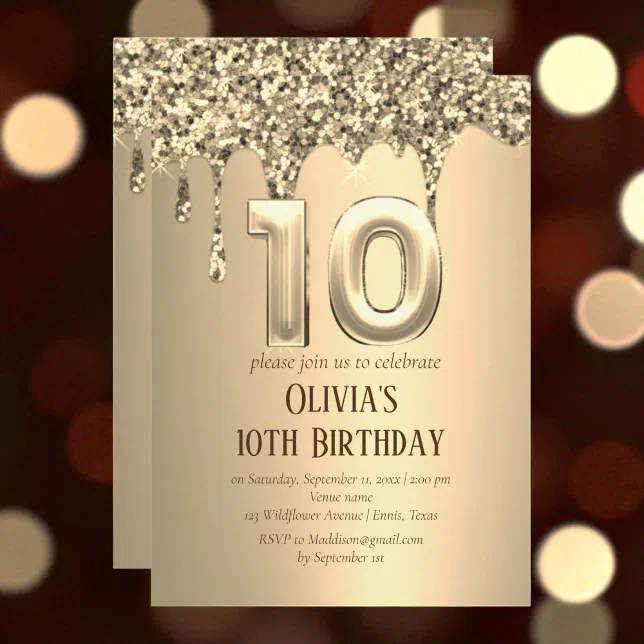 Gold Glitter Drip Girl Girly 10th Birthday Invitation | Zazzle