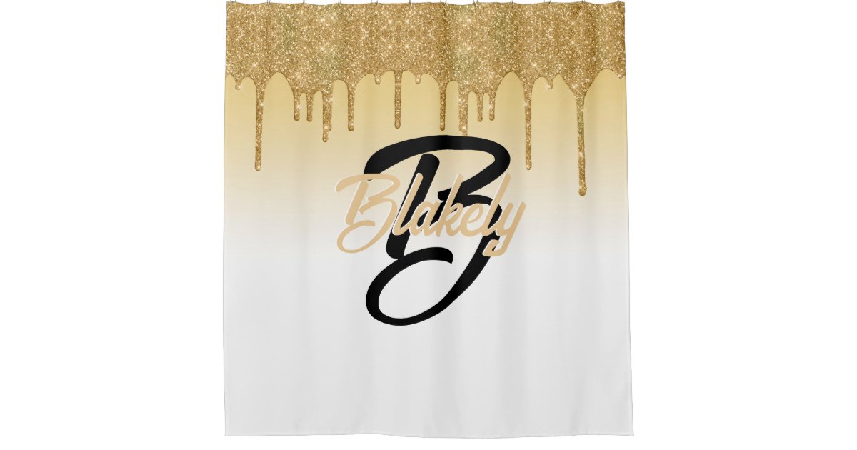 Gold Glitter Drip Monogram Cute Girly Sparkle Shower Curtain | Zazzle