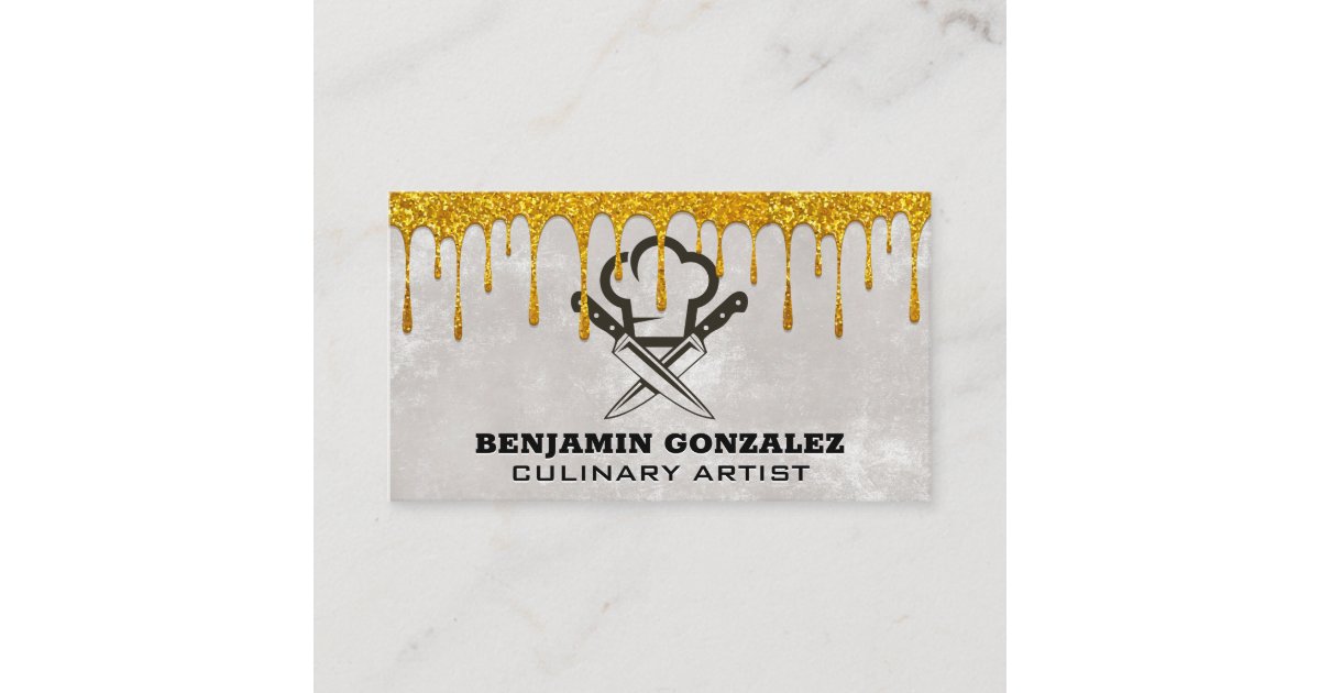 Gold Glitter Dripping | Chef Hat Knives Business Card | Zazzle