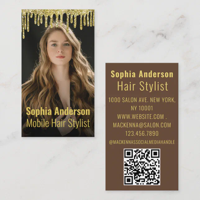 Gold Glitter Dripping Modern Hair Stylist QR Code Business Card | Zazzle
