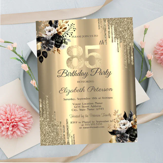 Gold Glitter Drips Black Roses 85th Birthday Invitation | Zazzle