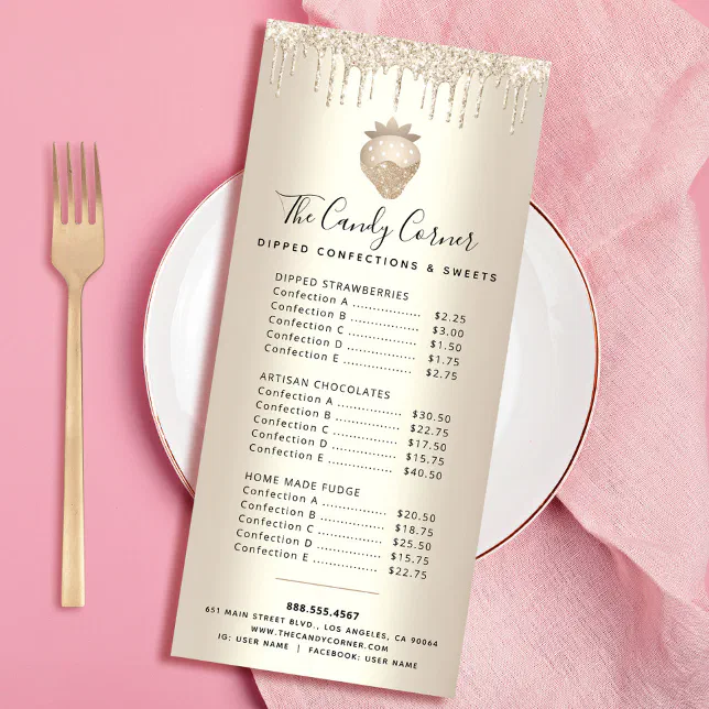 Gold Glitter Drips Chocolate Dessert Sweets Menu | Zazzle