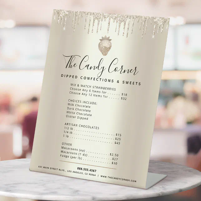 Gold Glitter Drips Dessert Sweets Menu Price List Pedestal Sign | Zazzle
