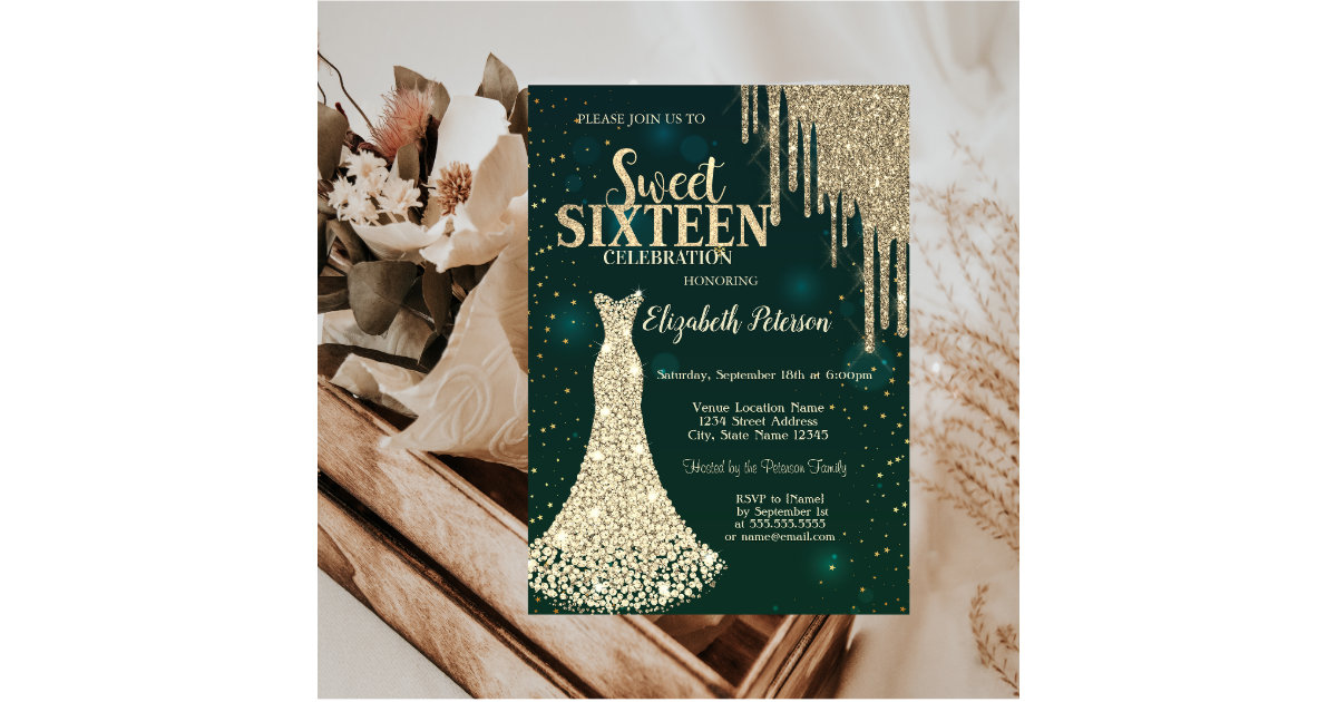 Gold Glitter Drips,Diamonds Dress Green Sweet 16 Invitation | Zazzle Gold Glitter Drips,Diamonds Dress Green Sweet 16 Invitation | Zazzle