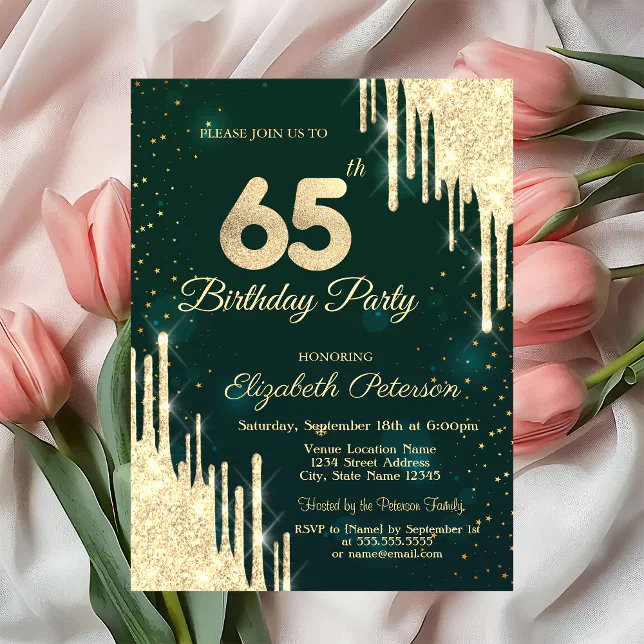Gold Glitter Drips Green 65th Birthday Invitation | Zazzle