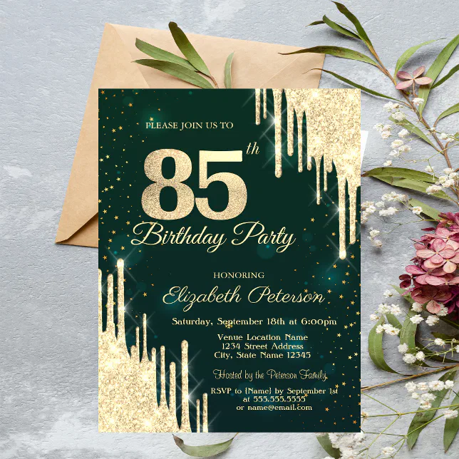 Gold Glitter Drips Green 85th Birthday Invitation | Zazzle