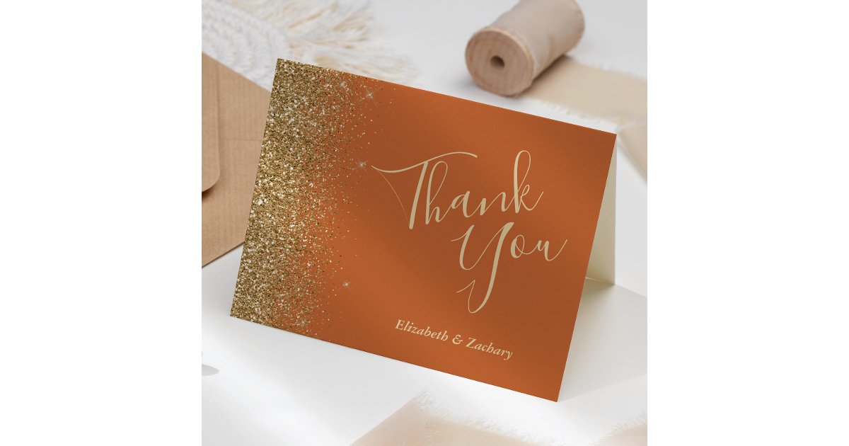 Gold Glitter Edge Black Wedding Thank You Card | Zazzle