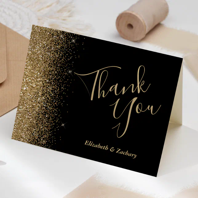 Gold Glitter Edge Black Wedding Thank You Card | Zazzle