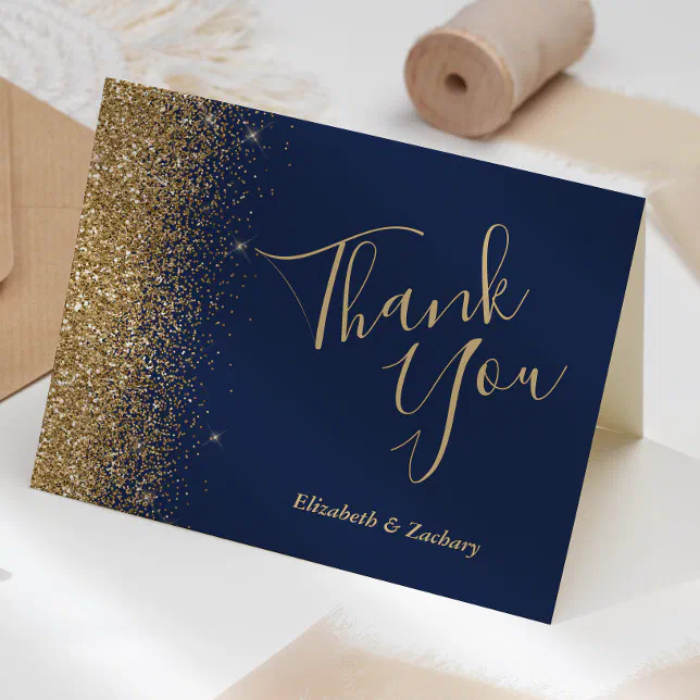 Gold Glitter Edge Navy Blue Wedding Thank You Card | Zazzle