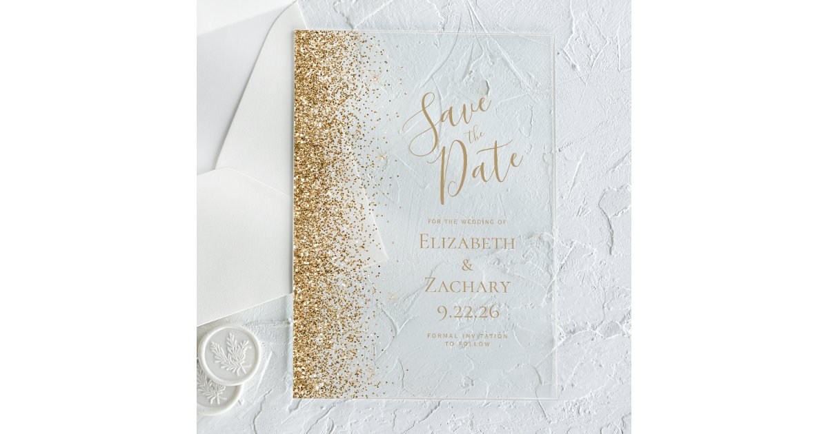 Gold Glitter Edge Wedding Save the Date Acrylic Invitations | Zazzle