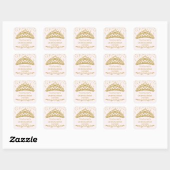 Gold glitter effect tiara, confetti Quinceanera Square Sticker | Zazzle