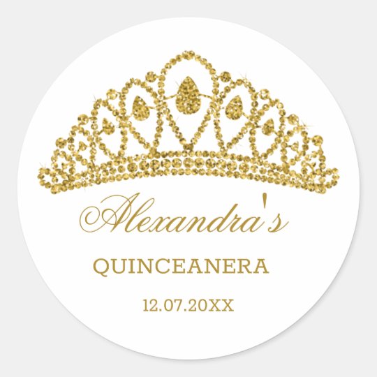 Gold glitter effect tiara Quinceanera Classic Round Sticker | Zazzle.com