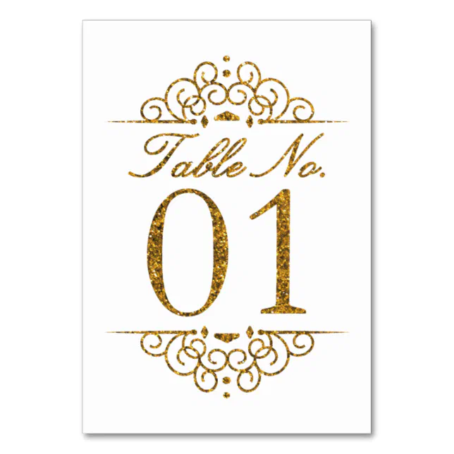 Gold Glitter Effect Wedding Table Number Card (01) | Zazzle