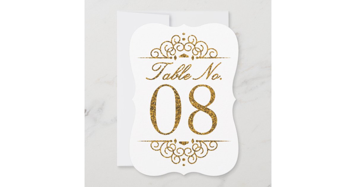 Gold Glitter Effect Wedding Table Number Card (08) | Zazzle