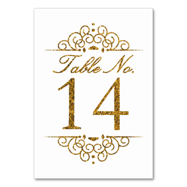 Gold Glitter Effect Wedding Table Number Card (14) | Zazzle