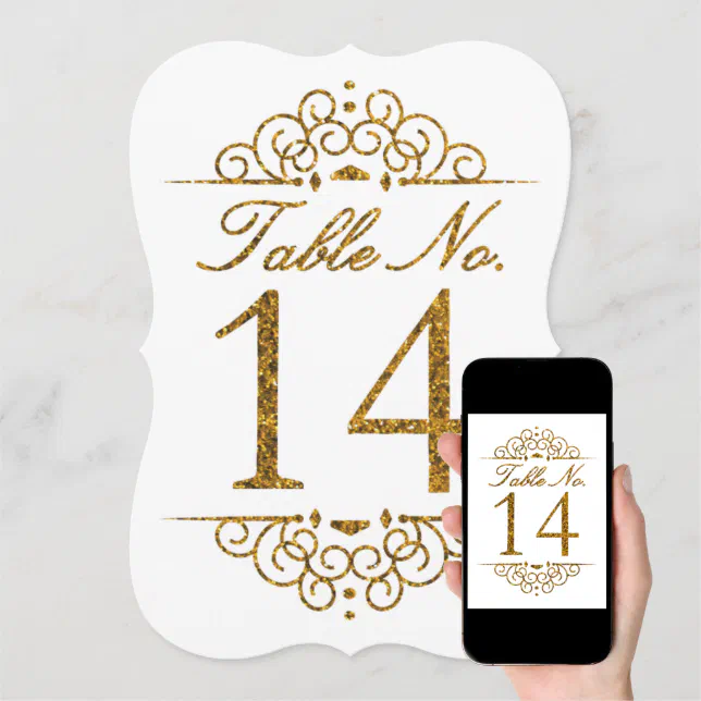 Gold Glitter Effect Wedding Table Number Card (14) | Zazzle