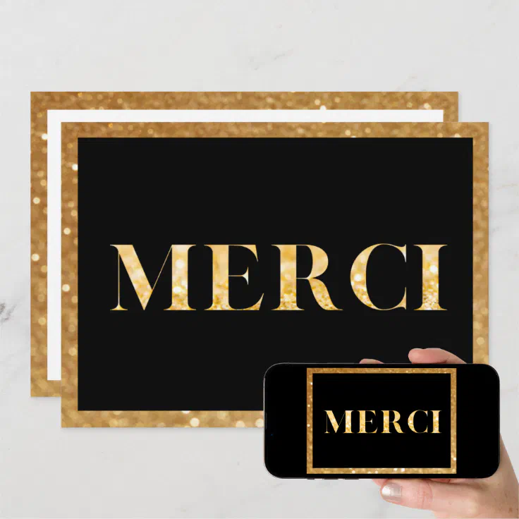 Gold Glitter Elegant Merci Custom Thank You Card | Zazzle
