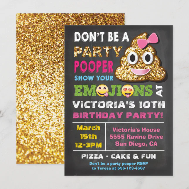 Gold Glitter Emoji Party Pooper Girl Birthay Invitation | Zazzle