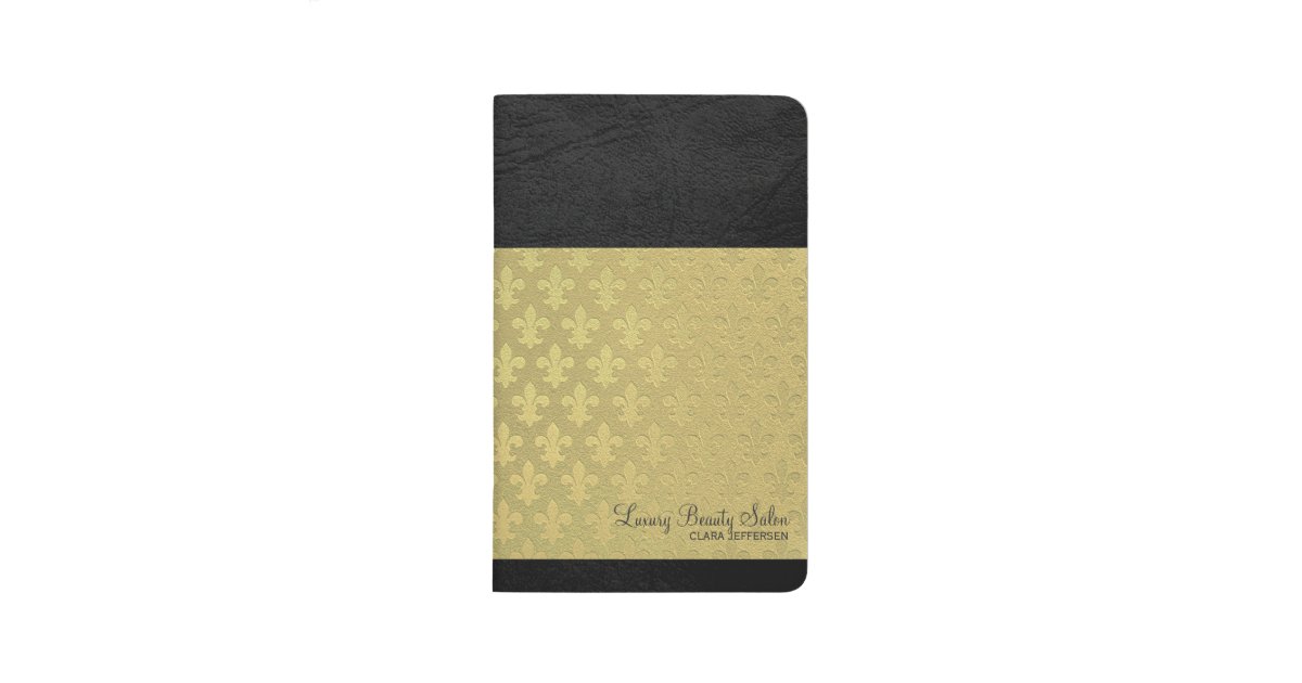 Gold glitter fleur de lis and black leather look journal | Zazzle