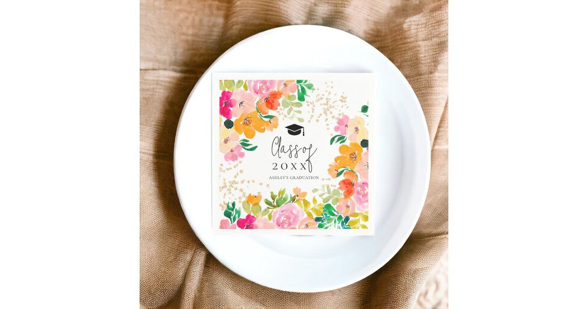 Gold glitter floral botanical class of graduation napkins | Zazzle