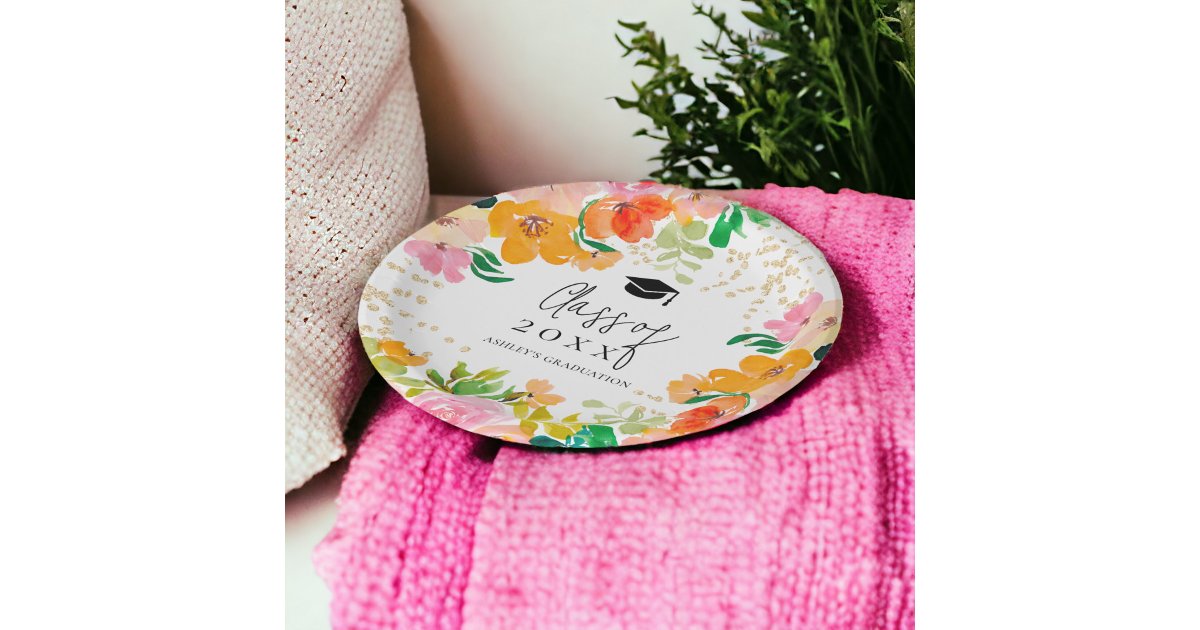 Gold glitter floral botanical class of graduation paper plates | Zazzle