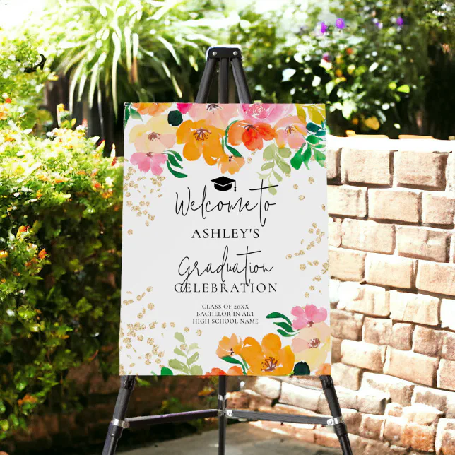 Gold glitter floral botanical graduation welcome foam board | Zazzle