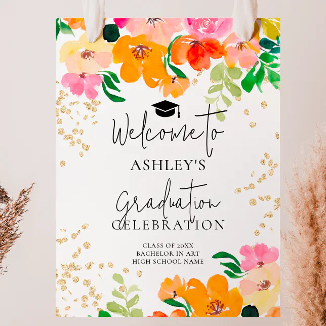 Gold glitter floral botanical graduation welcome poster | Zazzle