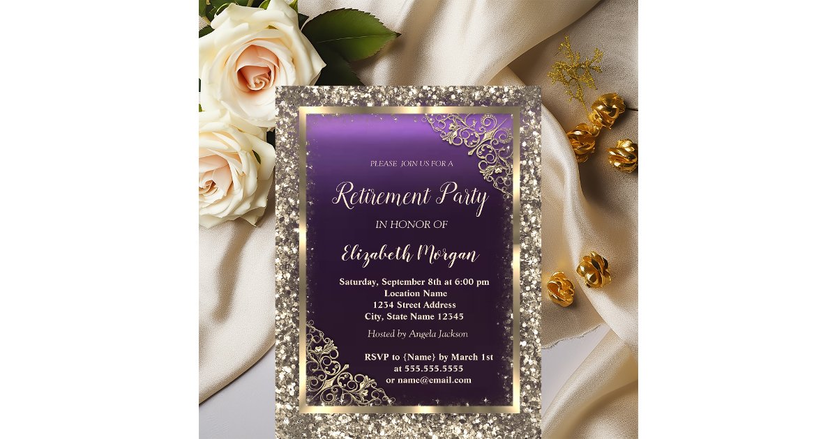 Gold Glitter Floral Frame Purple Retirement Invitation | Zazzle