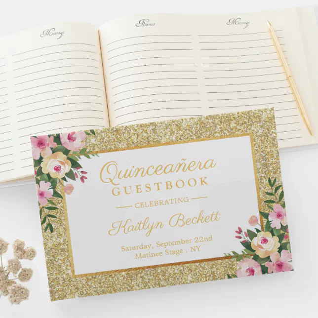 Gold Glitter Floral Quinceañera 15th Birthday Guest Book | Zazzle