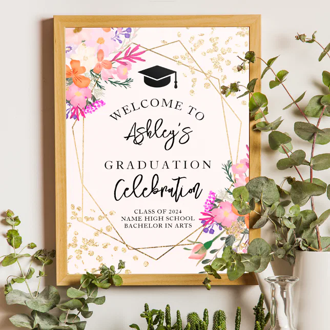Gold glitter floral watercolor graduation welcome poster | Zazzle