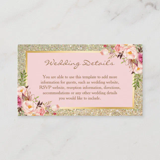 Gold Glitter Floral Wedding Details Insert Card | Zazzle
