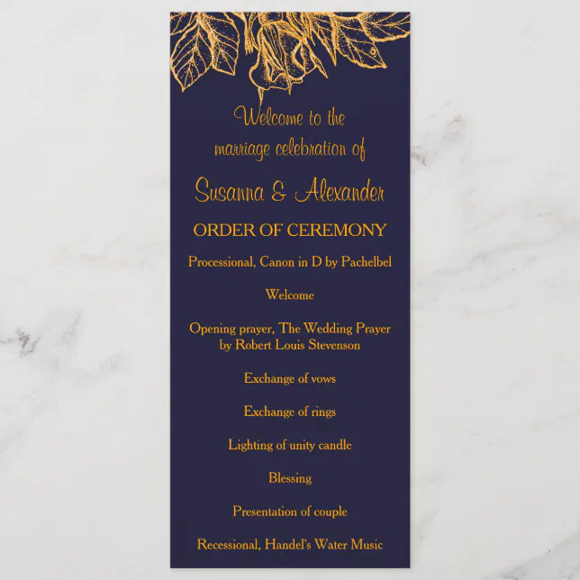 Gold Glitter Flowers and Dark Blue Wedding Program | Zazzle