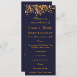 Gold Glitter Flowers and Dark Blue Wedding Program | Zazzle
