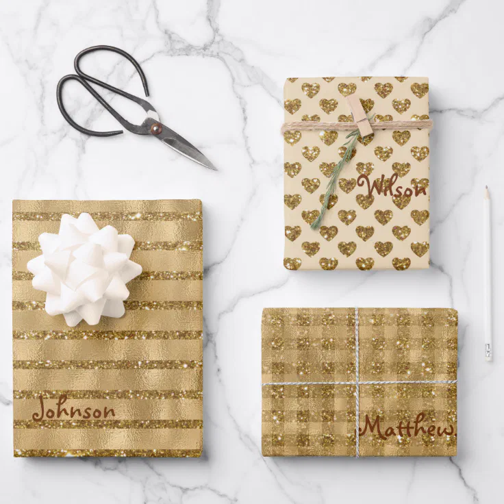 Gold Glitter Foil Pattern Monogrammed Christmas Wrapping Paper Sheets ...