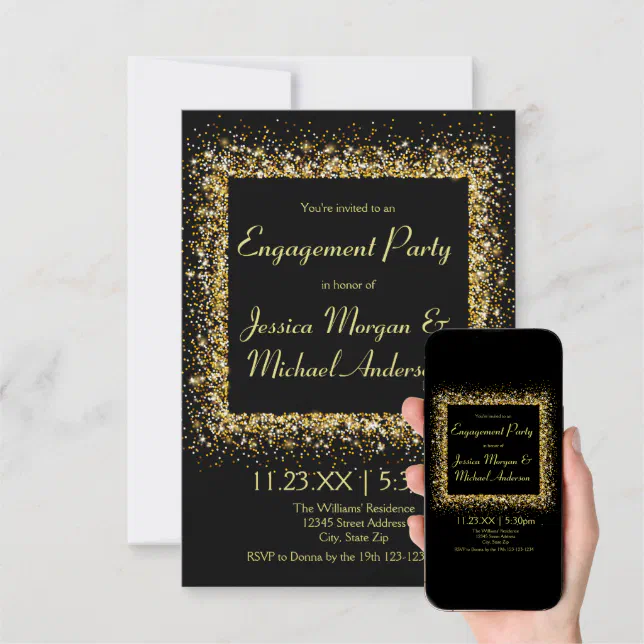 Gold Glitter Frame - 3x5 Engagement Party Invitation | Zazzle