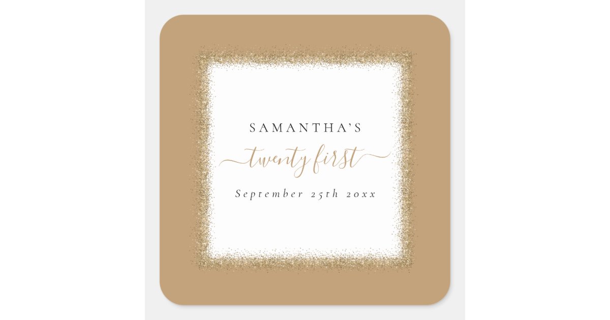 Gold Glitter Frame Name Date 21st Birthday Square Sticker | Zazzle