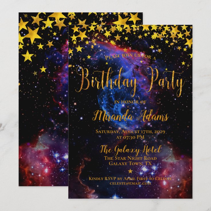 Gold Glitter Galaxy Stars Birthday Party Invitation | Zazzle